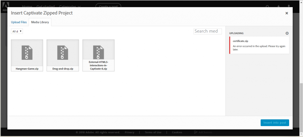 I can't upload my showcase captivate html5 output. - eLearning
