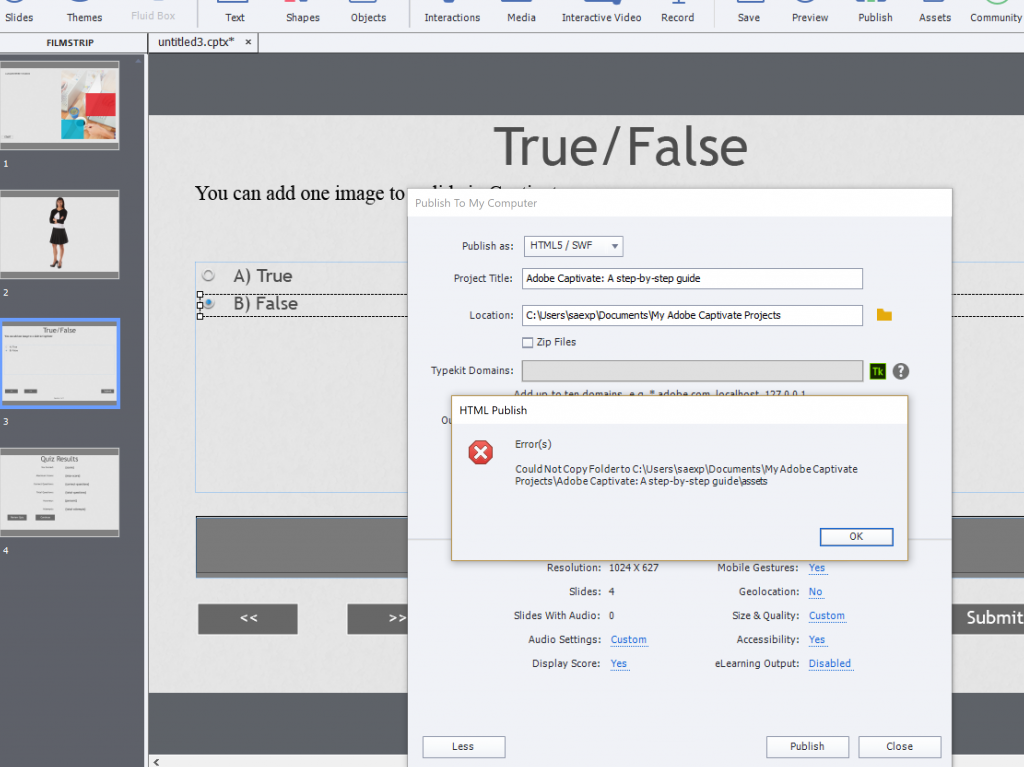 Problem publishing tutorial output to my computer - eLearning