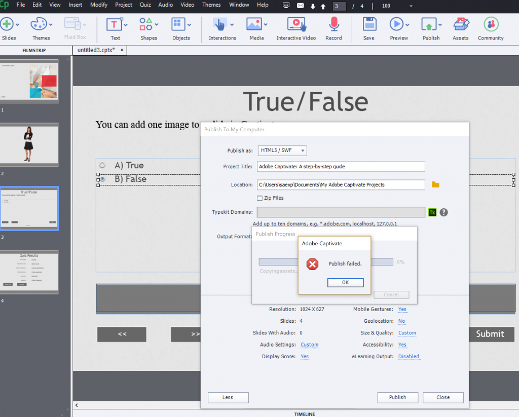 Problem publishing tutorial output to my computer - eLearning