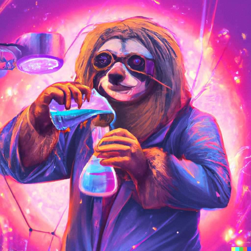 DALL·E 2022-12-29 13.28.16 - sloth mad scientist mixing sparkling ...