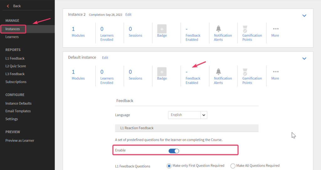 The L1 feedback is not triggered to learners although feedback option ...
