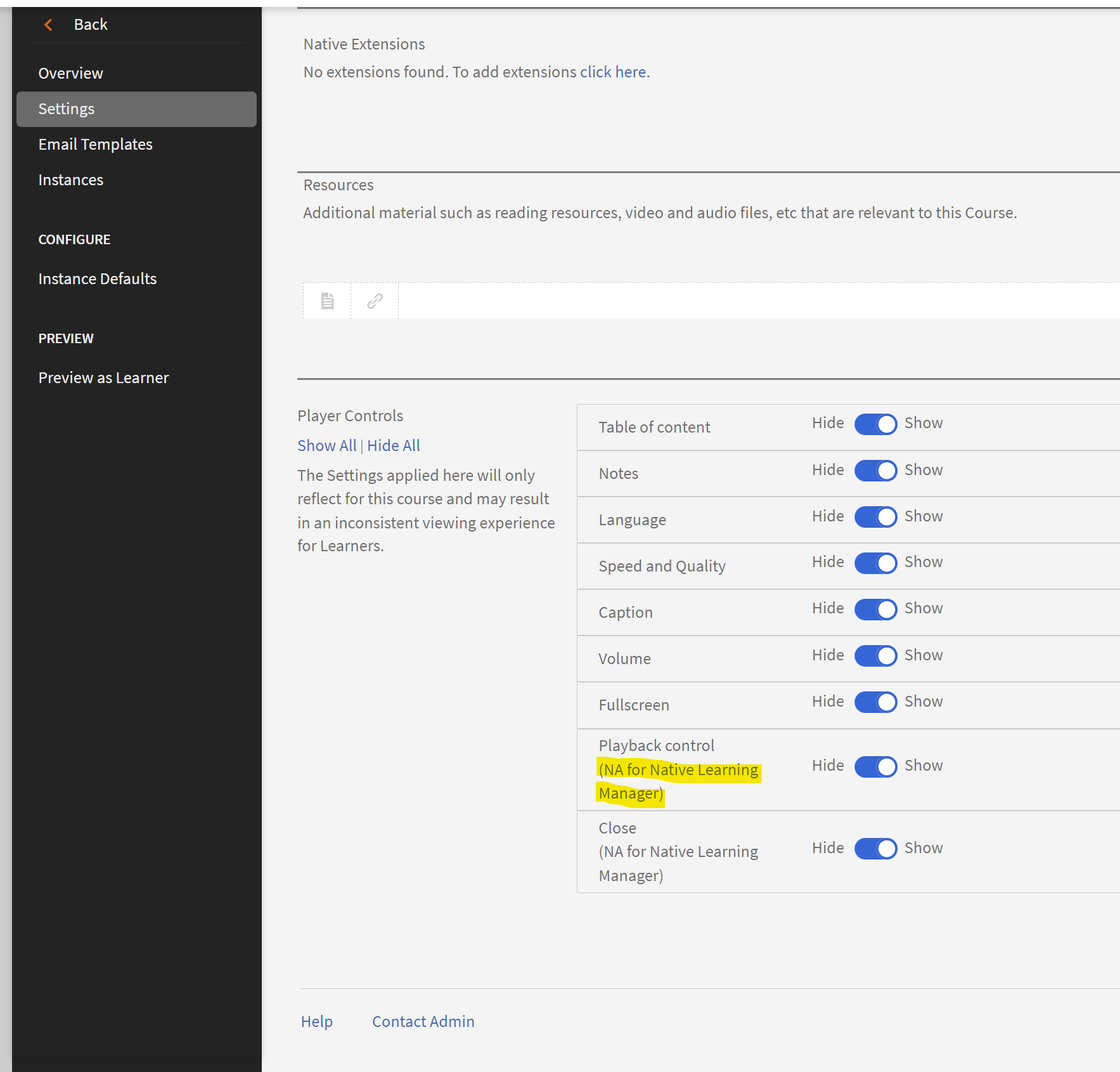 Playbar settings in a course - eLearning