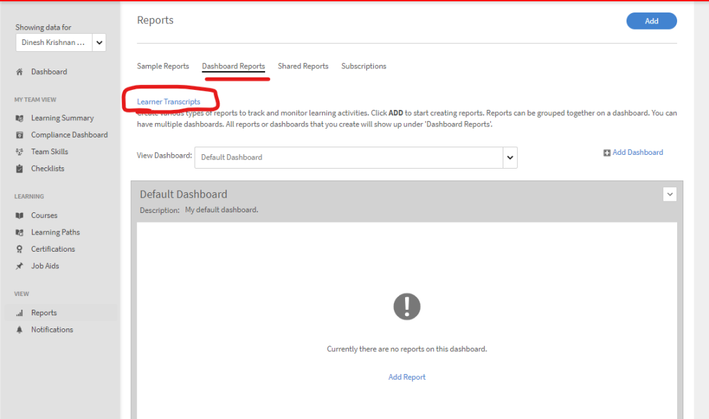 Learner Transcript Report Generation in Manager Role - eLearning