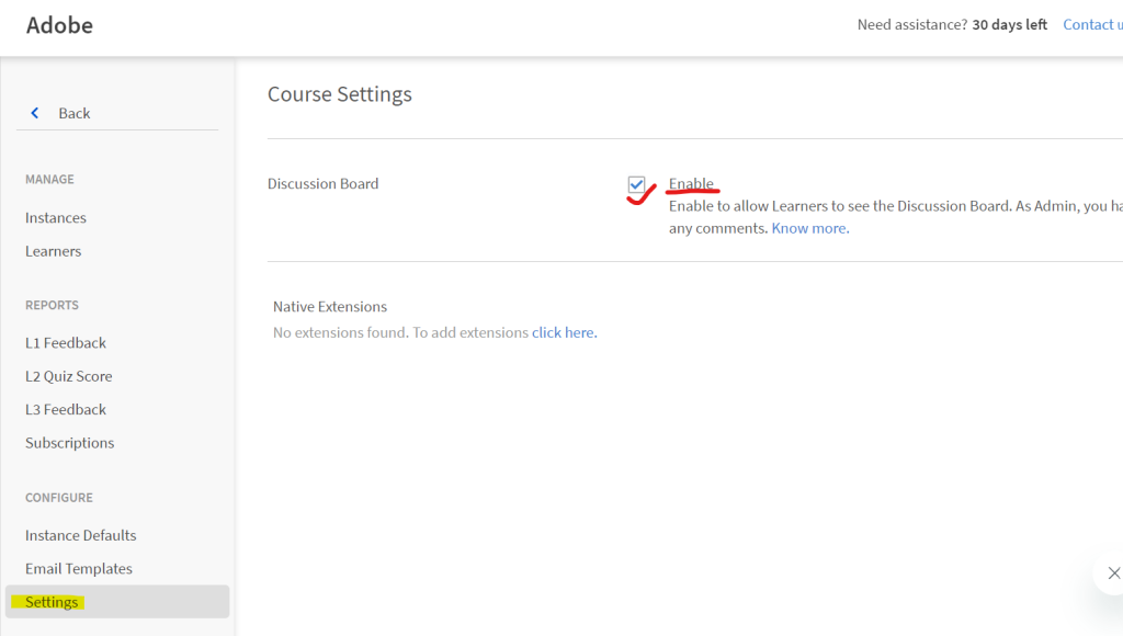 Settings for enabling Discussion board for Learners - eLearning